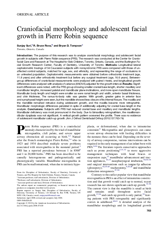 (PDF) Craniofacial morphology and adolescent facial growth in Pierre ...