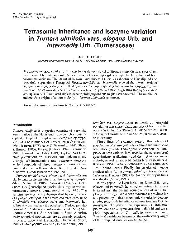 (PDF) Tetrasomic inheritance and isozyme variation in Turnera ulmifolia ...