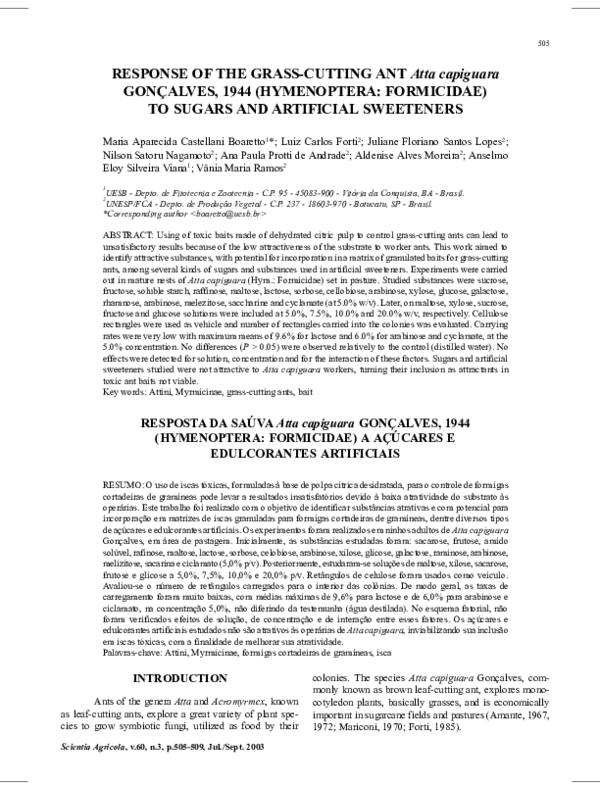 (PDF) Response of the grass-cutting ant Atta capiguara Gonçalves, 1944 ...