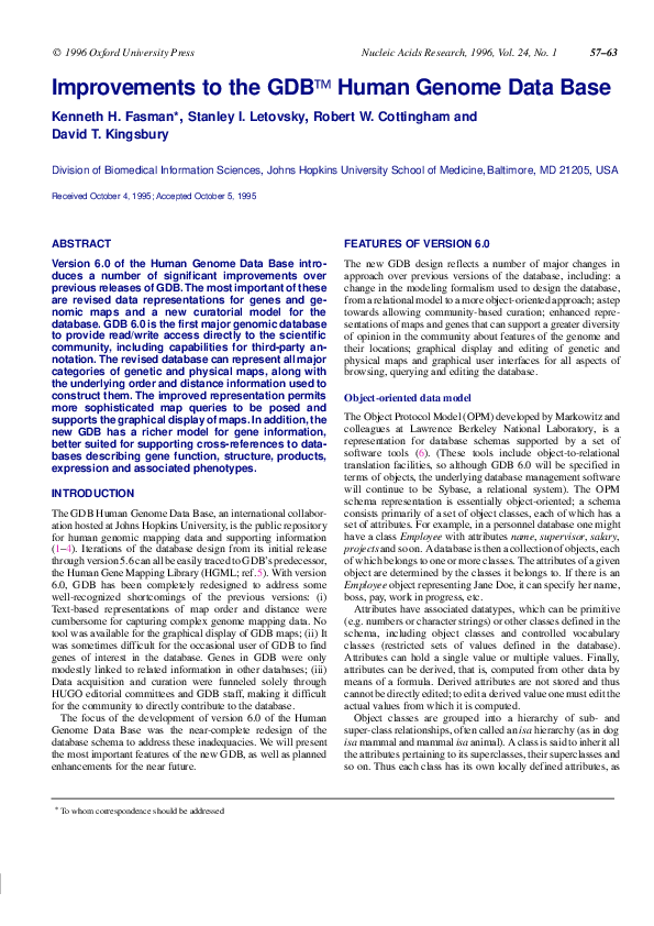Improvements to the GDB Human Genome Data Base