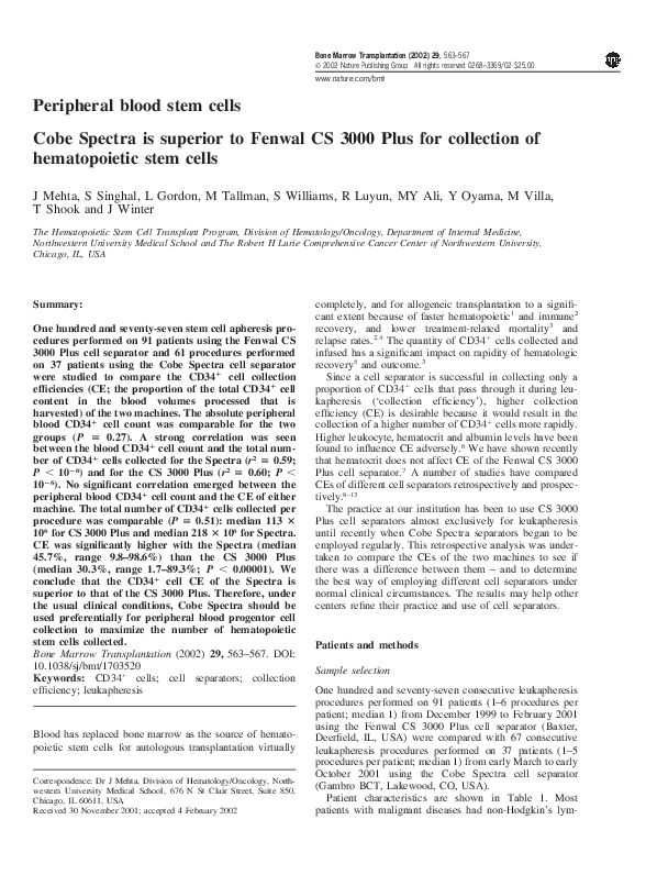 (PDF) Cobe Spectra is superior to Fenwal CS 3000 Plus for collection of ...