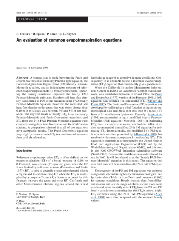 Pdf An Evaluation Of Common Evapotranspiration Equations