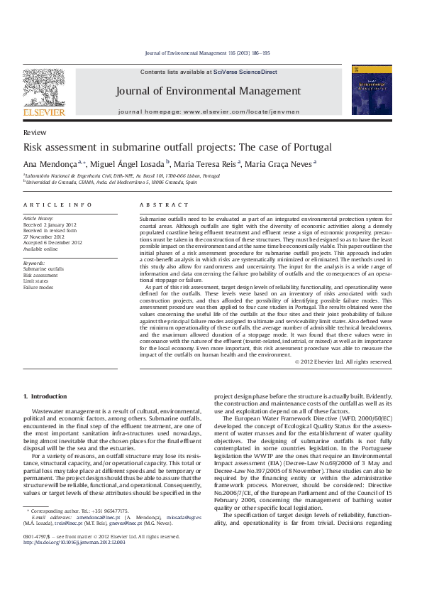 (PDF) Risk assessment in submarine outfall projects: The case of Portugal