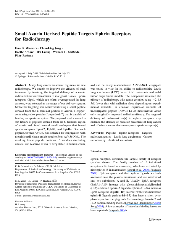 (PDF) Small Azurin Derived Peptide Targets Ephrin Receptors for ...