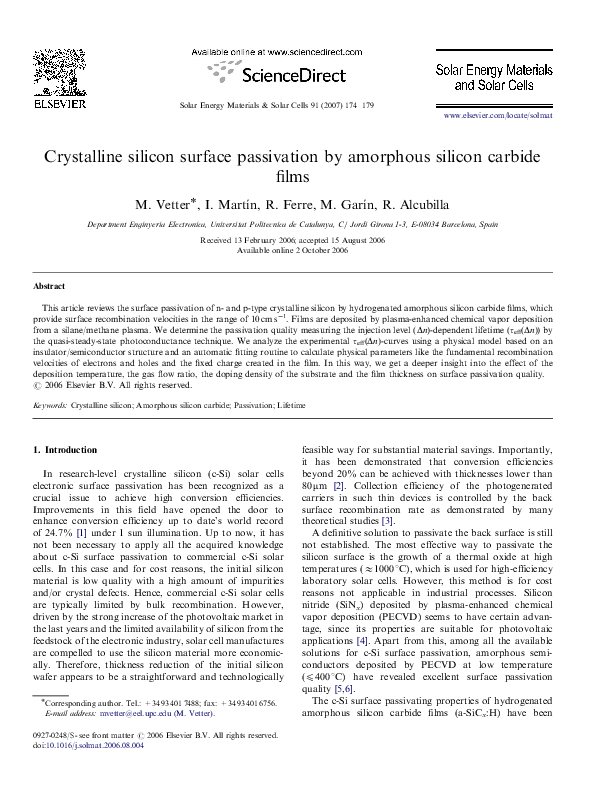 (PDF) Crystalline silicon surface passivation by amorphous silicon carbide films