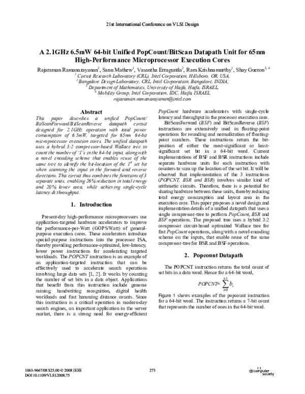 (PDF) A 2.1GHz 6.5mW 64-bit Unified PopCount/BitScan Datapath Unit for 65nm High-Performance ...