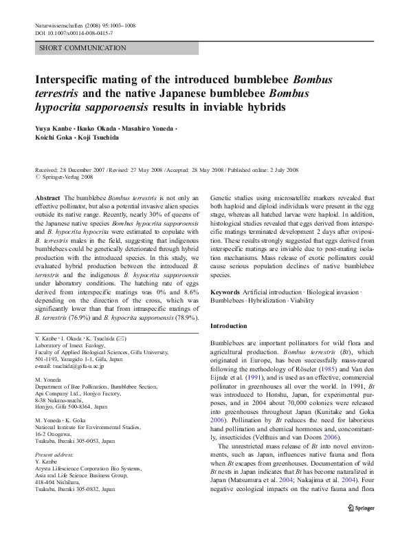 (PDF) Interspecific mating of the introduced bumblebee Bombus ...