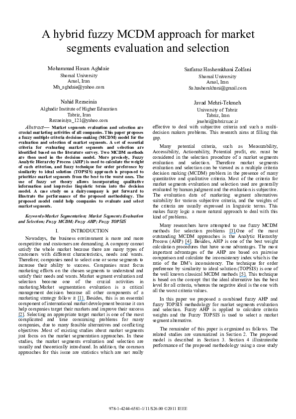 (PDF) A Hybrid Fuzzy MCDM Approach for Market Segments Evaluation and Selection