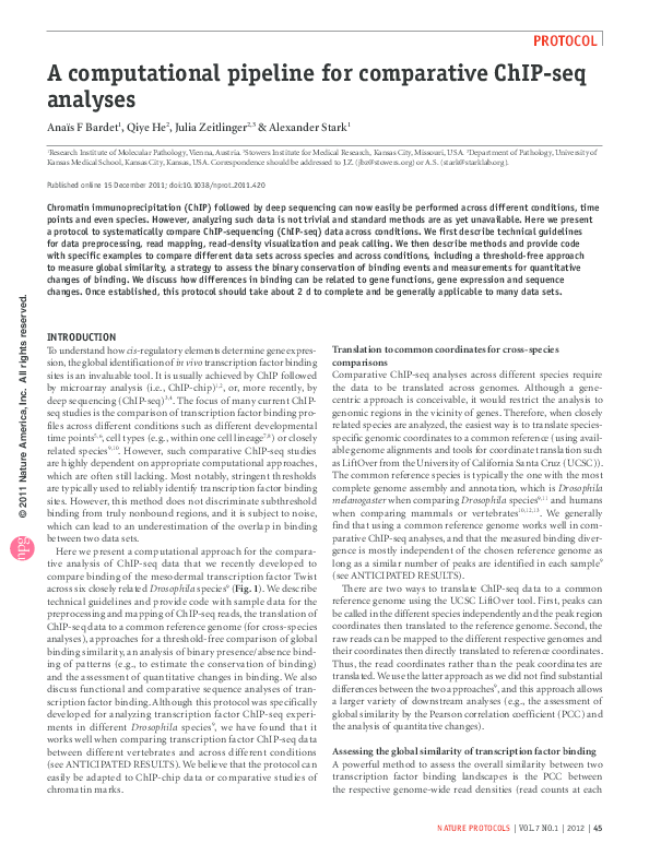 Pdf A Computational Pipeline For Comparative Chip Seq Analyses