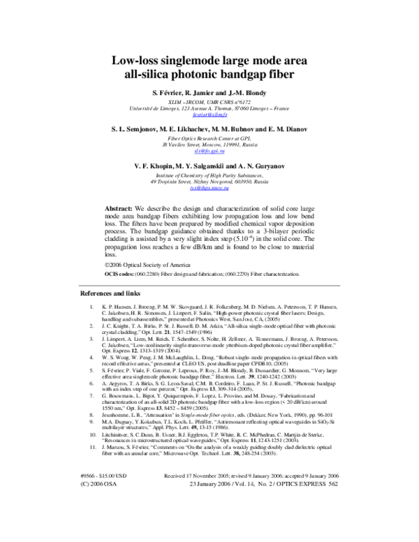 (PDF) Low-loss singlemode large mode area all-silica photonic bandgap fiber