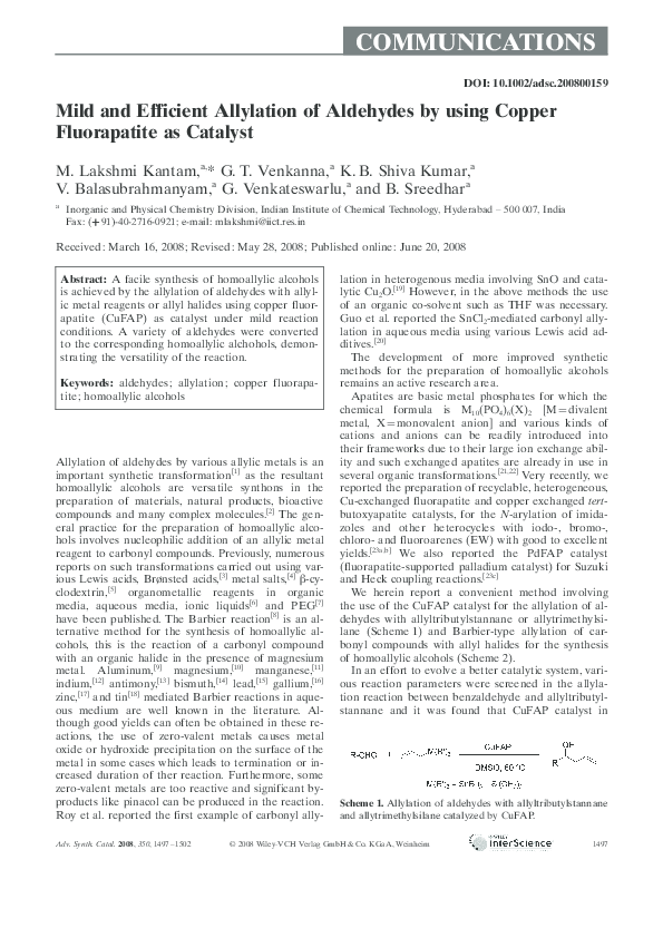 (PDF) Mild and Efficient Allylation of Aldehydes by using Copper Fluorapatite as Catalyst