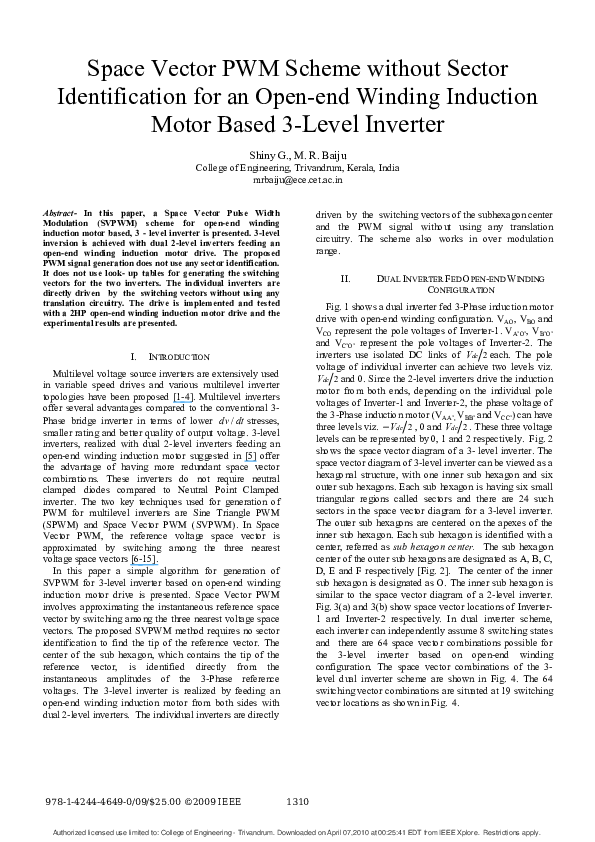 Pdf Space Vector Pwm Scheme Without Sector Identification For An Open End Winding Induction