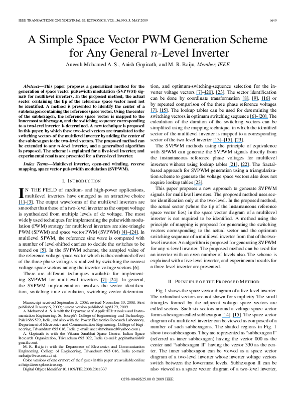 Pdf A Simple Space Vector Pwm Generation Scheme For Any General Level
