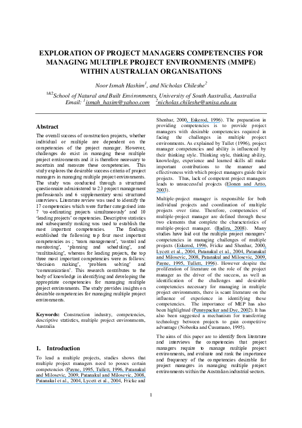 (PDF) Exploration of project managers competencies for managing ... (PDF) Exploration of project managers competencies for managing ...