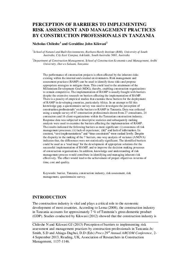 (PDF) Perception of barriers to implementing risk assessment and ...