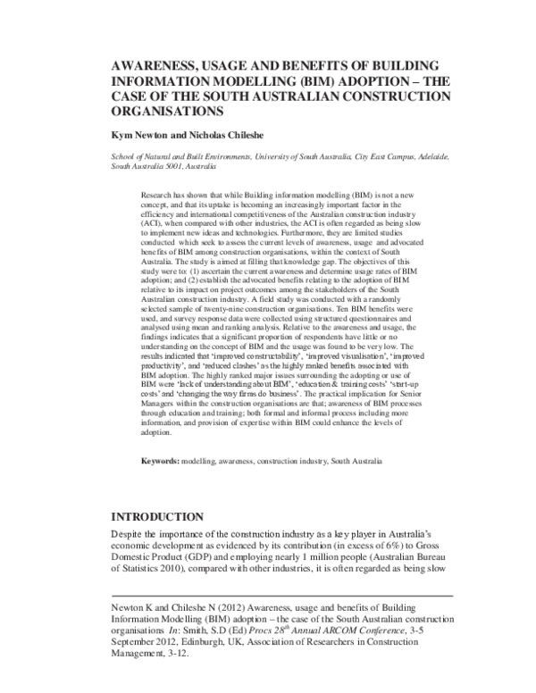 (PDF) Awareness, usage and benefits of building information modelling ...