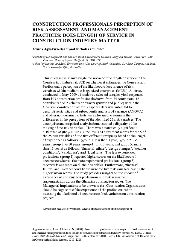 (PDF) Construction professionals perception of risk assesssment and ...