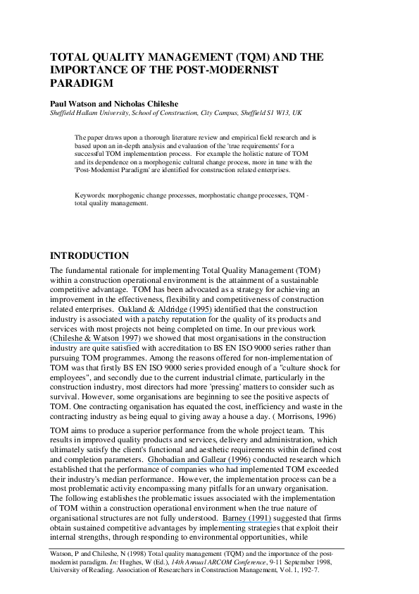 (PDF) Total quality management (TQM) and the importance of the post ...