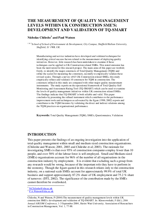 (PDF) The measurement of quality management levels within UK ...