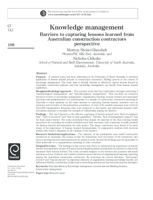 (PDF) Knowledge management: Barriers to capturing lessons learned from ...