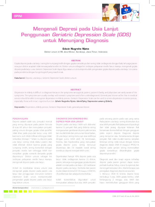 (PDF) Mengenali Depresi pada Usia Lanjut Penggunaan Geriatric Depression Scale (GDS) untuk ...