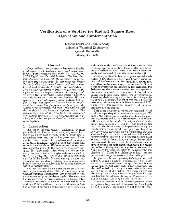 Pdf Verification Of A Subtractive Radix 2 Square Root Algorithm And Implementation