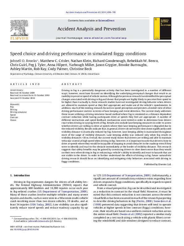 (PDF) Speed choice and driving performance in simulated foggy conditions
