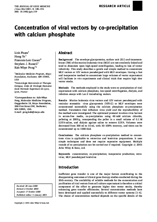 (PDF) Concentration of viral vectors by co-precipitation with calcium ...