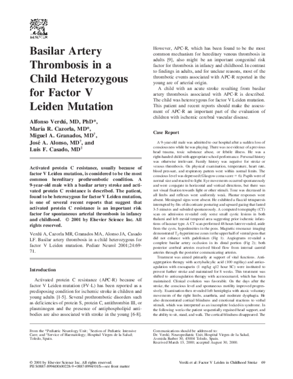 (PDF) Basilar artery thrombosis in a child heterozygous for factor V ...