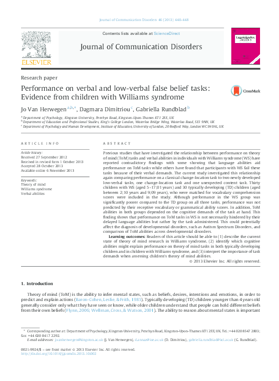 (PDF) Performance on verbal and low-verbal false belief tasks: Evidence from children with ...