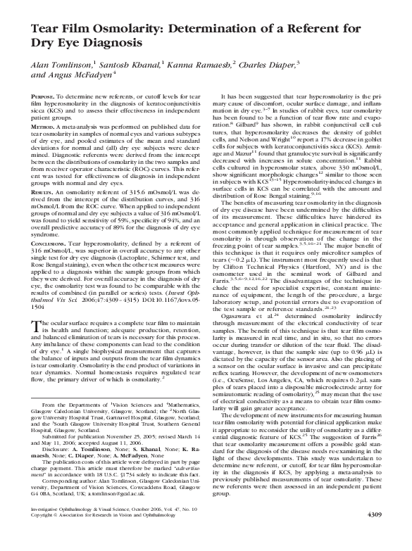 (PDF) Tear Film Osmolarity: Determination of a Referent for Dry Eye ...