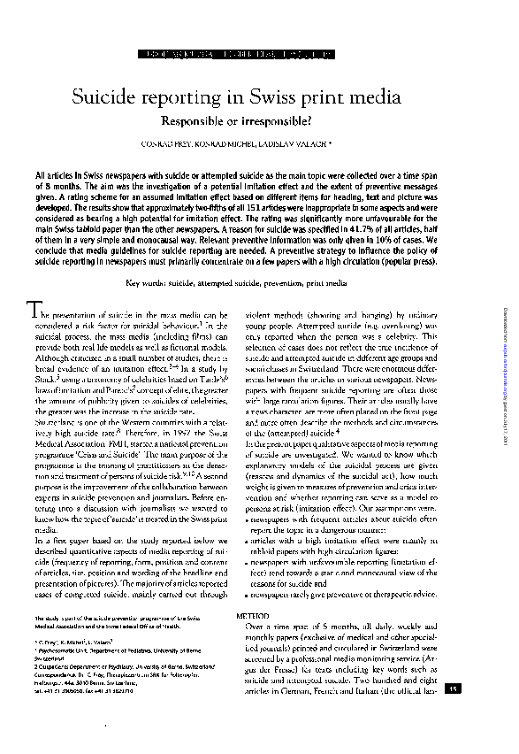 (PDF) Suicide reporting in the Swiss print media: Frequency, form and ...