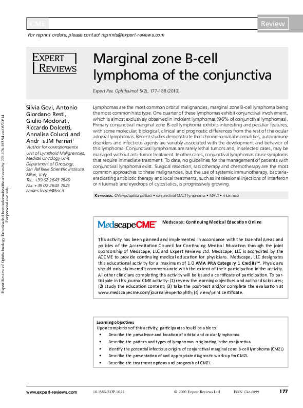 (PDF) Marginal zone B-cell lymphoma of the conjunctiva | Riccardo ...