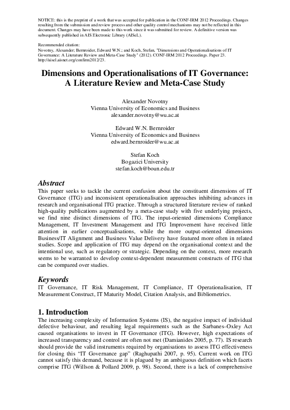 (PDF) Dimensions and Operationalisations of IT Governance: A Literature ...