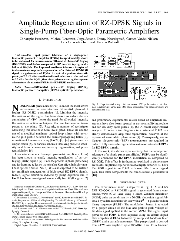 (PDF) Amplitude Regeneration of RZ-DPSK Signals in Single-Pump Fiber-Optic Parametric Amplifiers