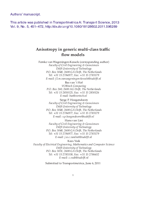 (PDF) Anisotropy in generic multi-class traffic flow models