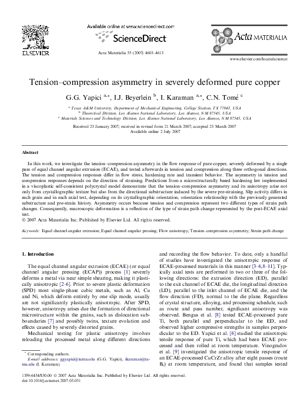 (PDF) Tension–compression asymmetry in severely deformed pure copper