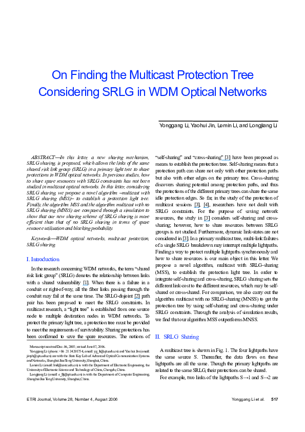 (PDF) On Finding the Multicast Protection Tree Considering SRLG in WDM Optical Networks