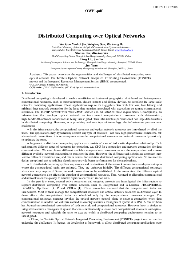 (PDF) Distributed Computing over Optical Networks
