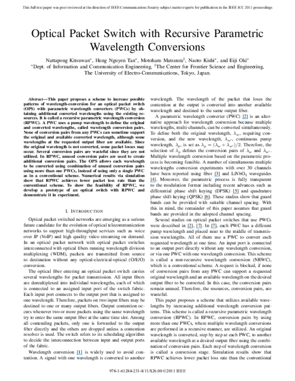 (PDF) Optical Packet Switch with Recursive Parametric Wavelength Conversions