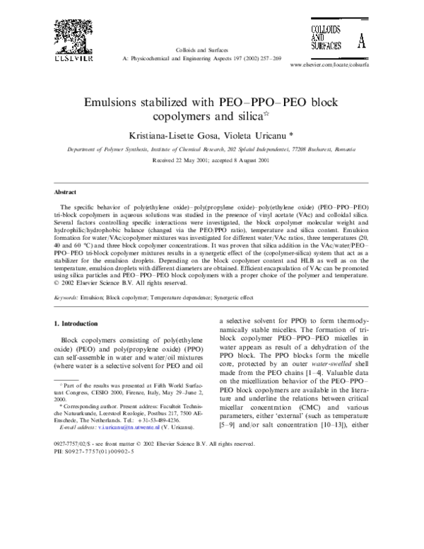 (PDF) Emulsions stabilized with PEO–PPO–PEO block copolymers and silica