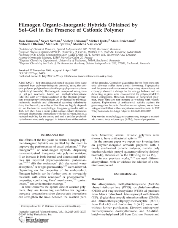 (PDF) Filmogen organic-inorganic hybrids obtained by sol-gel in the ...