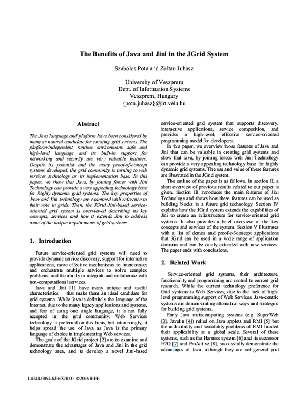 The benefits of Java and Jini in the JGrid system