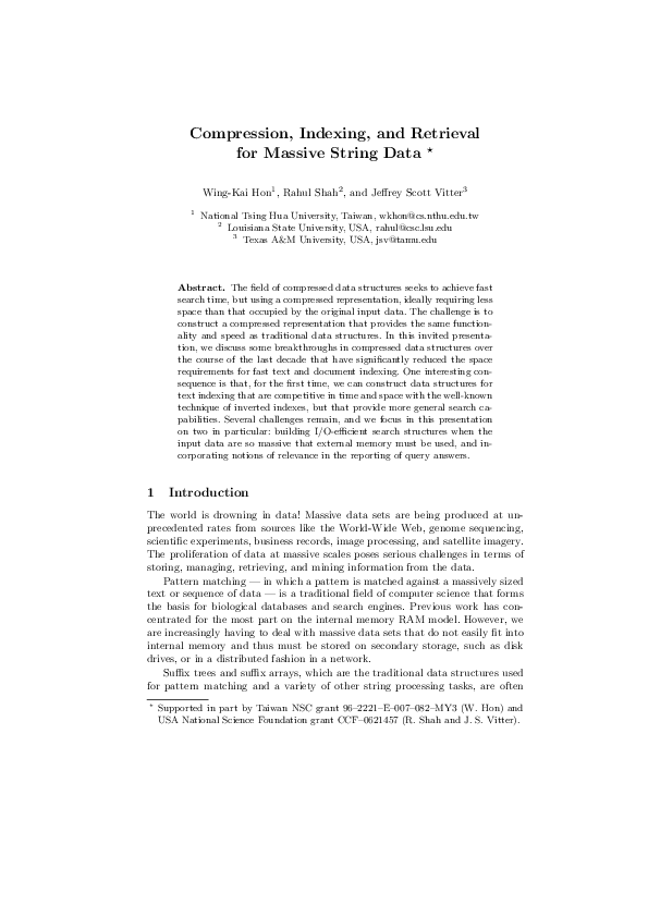 (PDF) Compression, Indexing, and Retrieval for Massive String Data