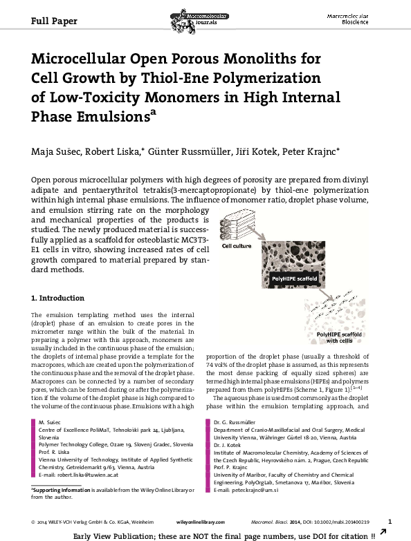 (PDF) Microcellular Open Porous Monoliths for Cell Growth by Thiol-Ene ...