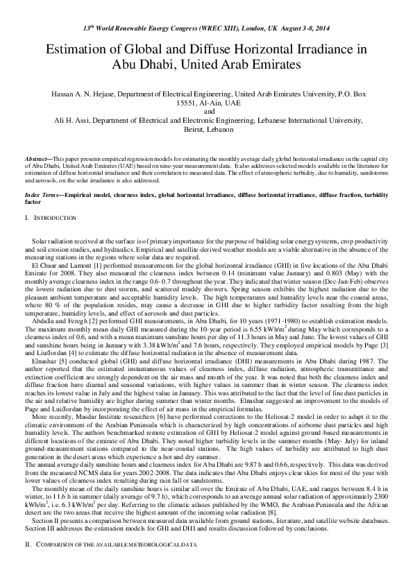 (PDF) Estimation of Global and Diffuse Horizontal Irradiance in Abu ...