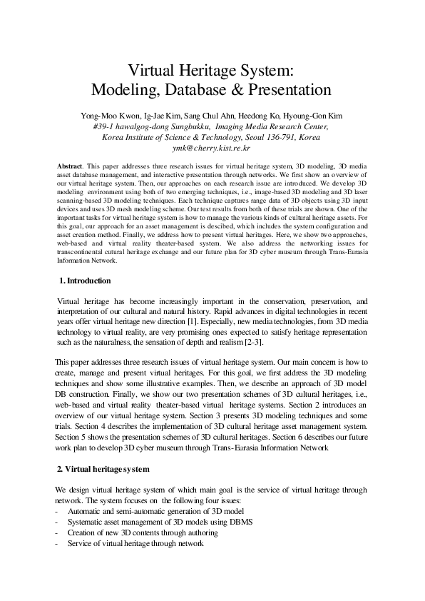 (PDF) Virtual heritage system: modeling, database & presentation