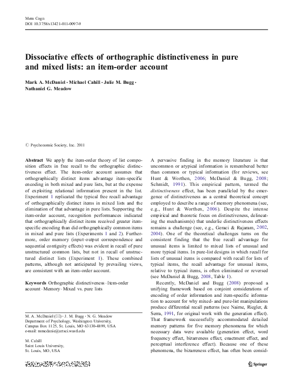 (PDF) Dissociative effects of orthographic distinctiveness in pure and mixed lists: an item ...