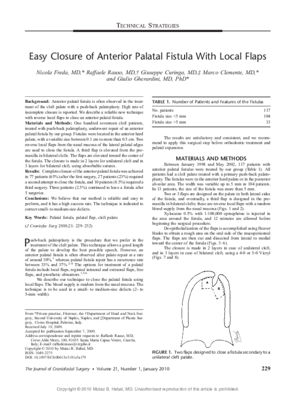 (PDF) Easy Closure of Anterior Palatal Fistula With Local Flaps