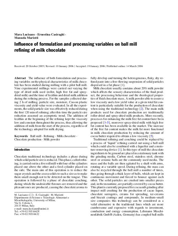 Pdf Influence Of Formulation And Processing Variables On Ball Mill Refining Of Milk Chocolate